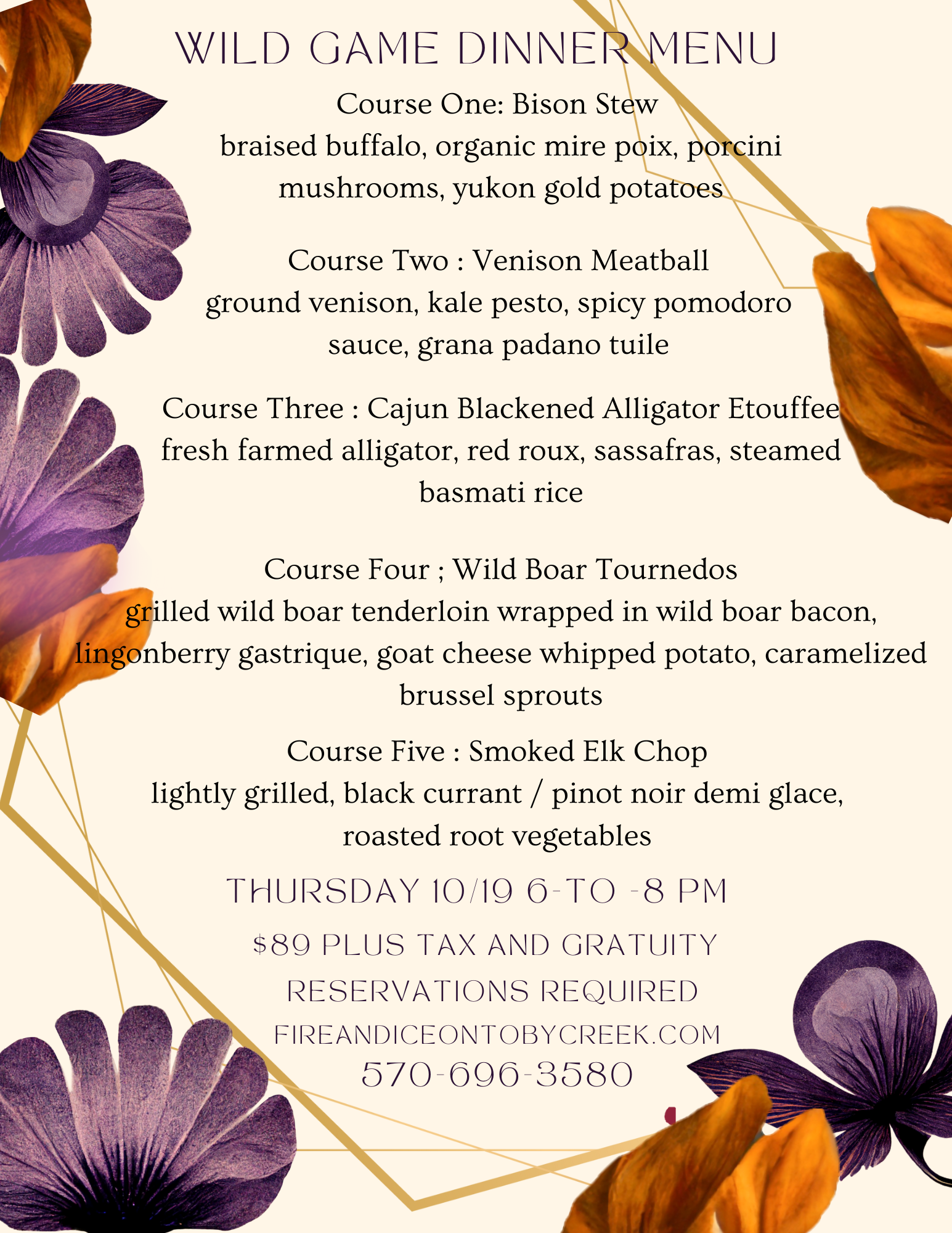 WILD GAME DINNER - Fire and Ice On Toby Creek
